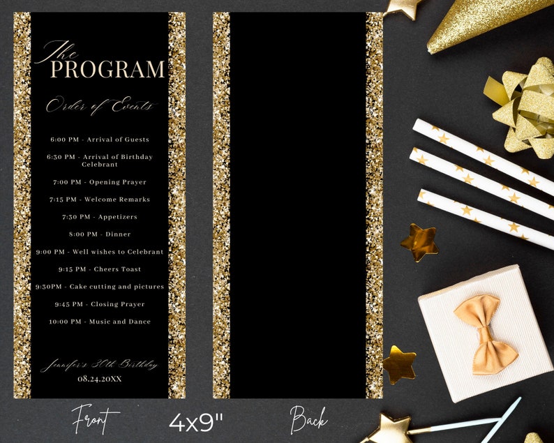 Editable Black Gold Glitter Birthday Event Program Card Template ...