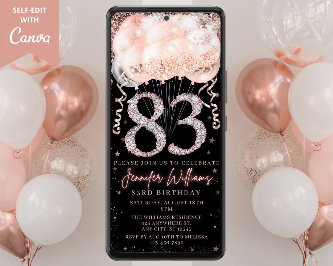 Digital 83rd Birthday Pink Rose Gold Diamond Balloons Party Invitation ...