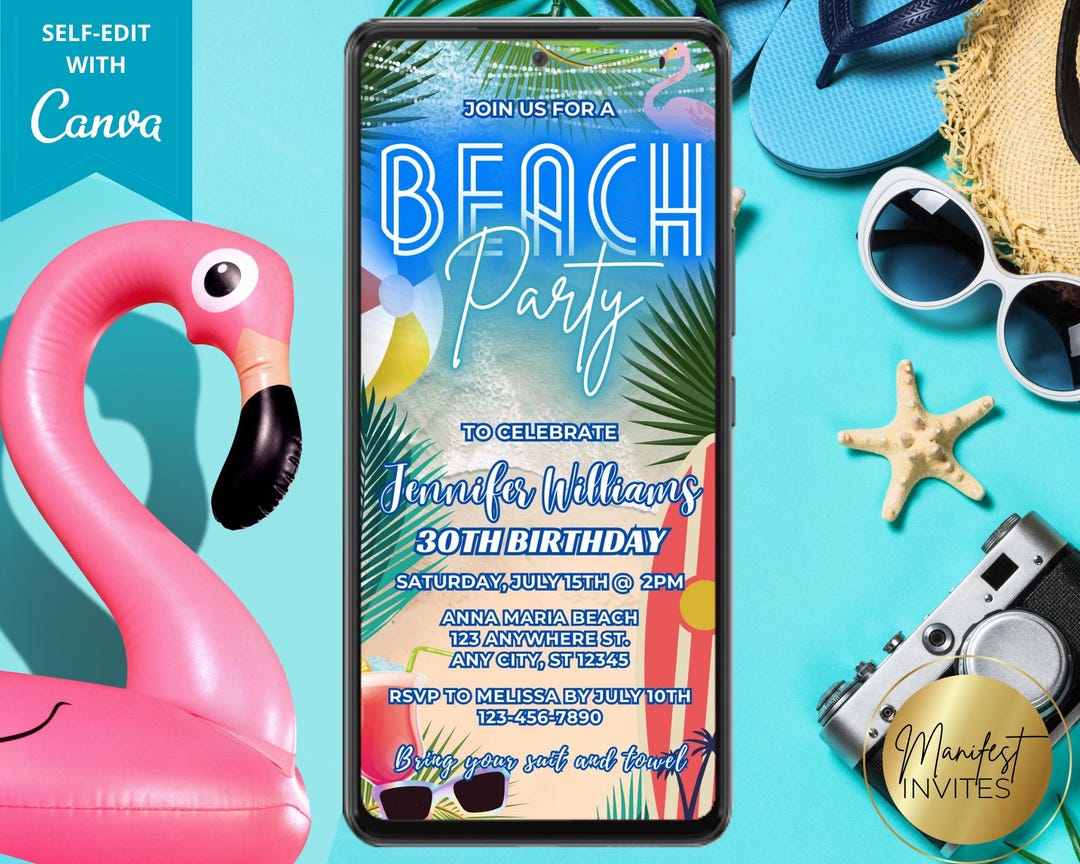 Digital Tropical Beach Birthday Party Invitation, Electronic Phone ...