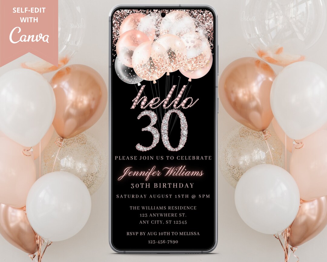Hello 30 Rose Gold Diamond Balloons Digital Invitation - Etsy