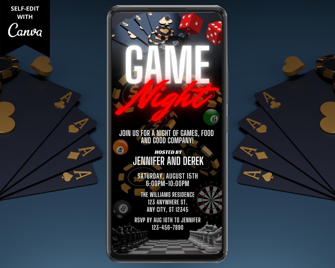 Digital Adult Friends Game Night Party Invitation, Pool Poker Casino ...