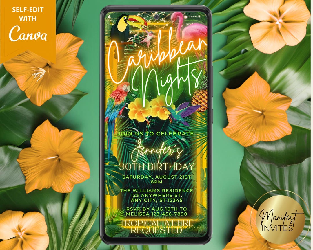 Digital Caribbean Tropical Neon Birthday Party Invitation, Summer ...