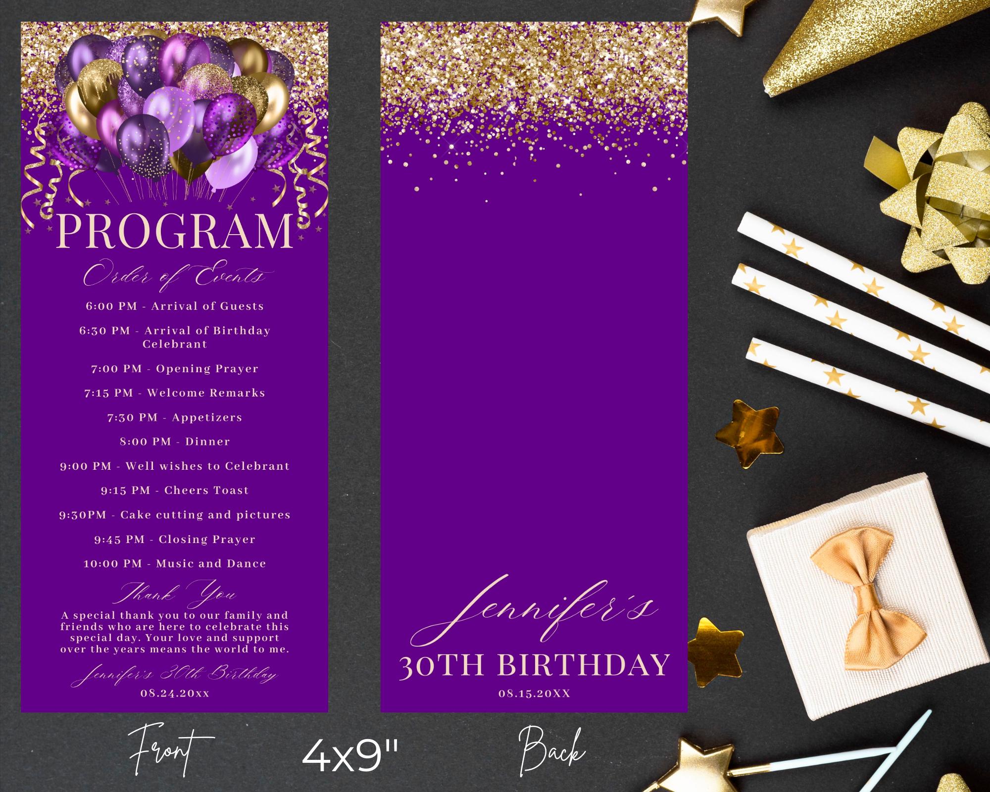 Editable Elegant Purple Gold Glitter Balloons Program and Thank You ...