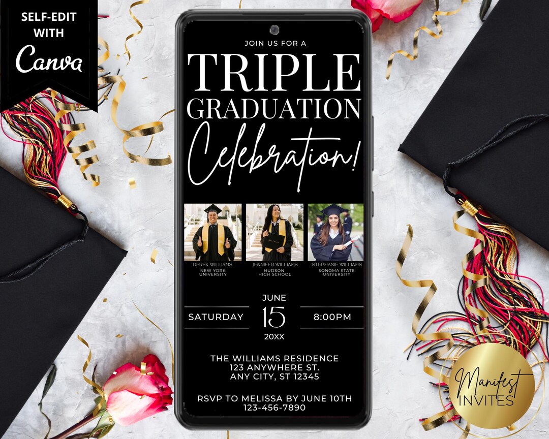 Digital Modern Triple Graduation Party Photo Template Invitation, Text ...