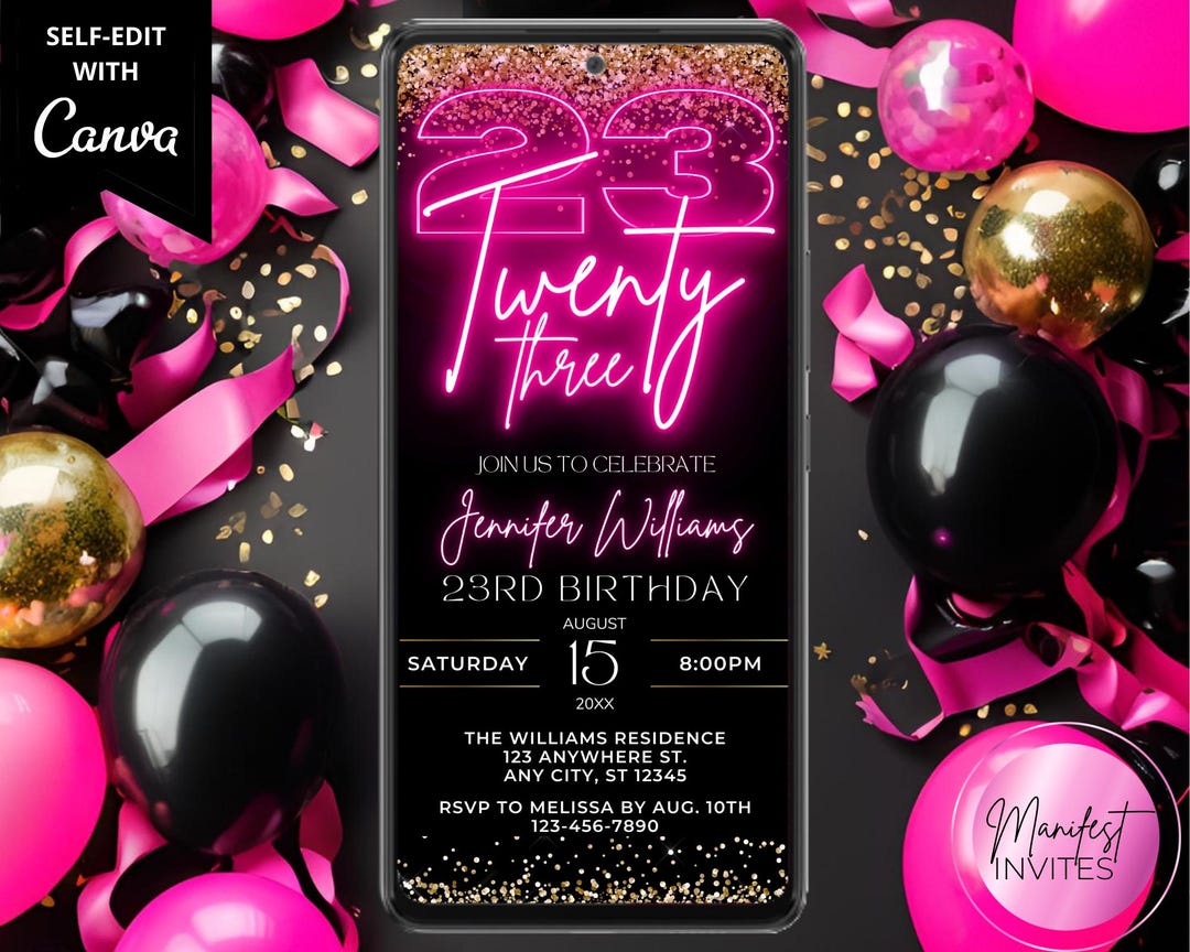 Digital 23rd Birthday Black Pink Neon Gold Glitter Glam Party ...