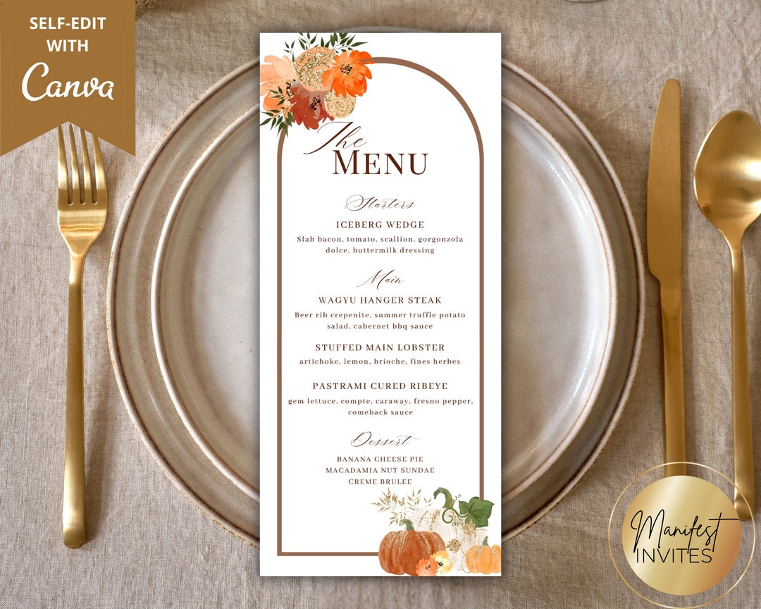 Editable Thanksgiving Dinner Menu Card Template, Printable Rustic Fall ...