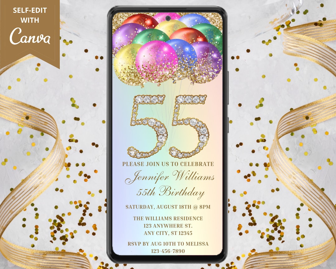 Digital 55th Birthday Party Invitation, Electronic Text Message Evite ...
