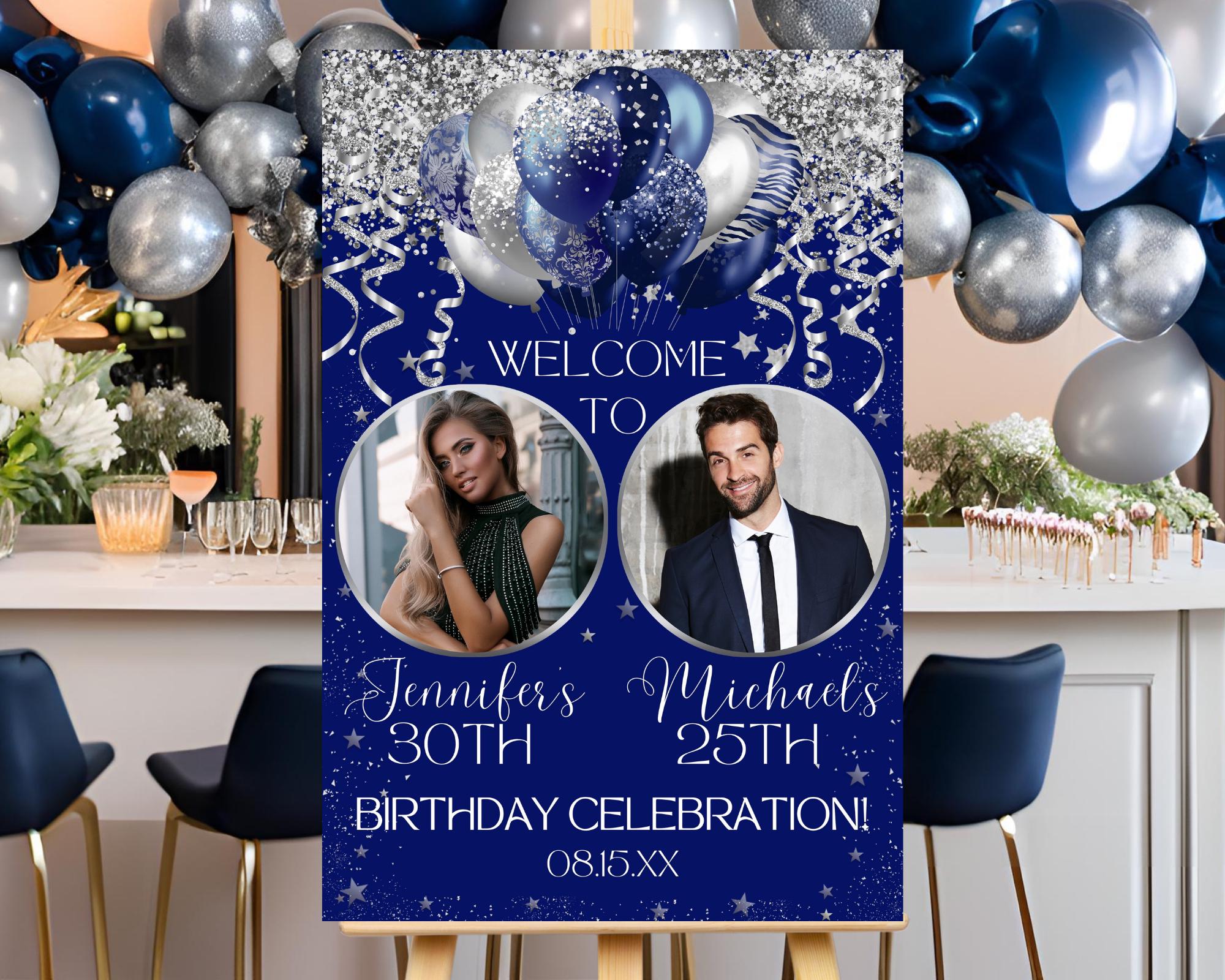 Editable Double Birthday Party Blue Silver Balloons Photo Welcome Sign ...