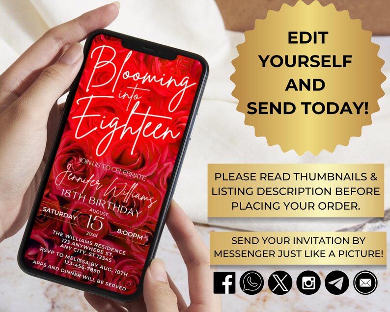 Digital Blooming Into Eighteen 18th Birthday Party Invitation, Glam ...
