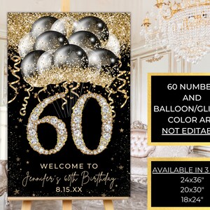 Printable 60th Black Gold Diamonds Glitter Balloons Welcome Sign ...