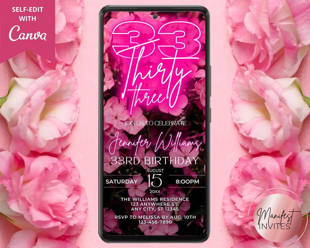 Digital Glam 33rd Birthday Party Invitation for Women, Elegant Pink ...