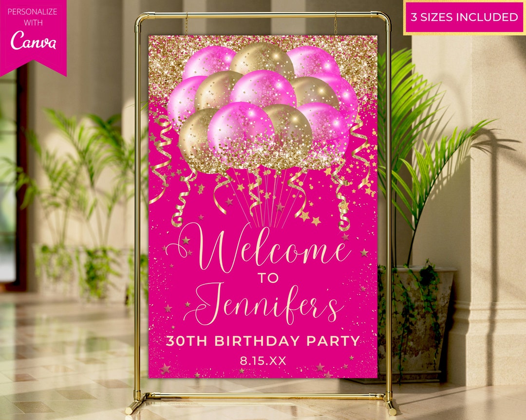 Printable Pink Gold Glitter Balloons Welcome Sign, Birthday Party Sign ...