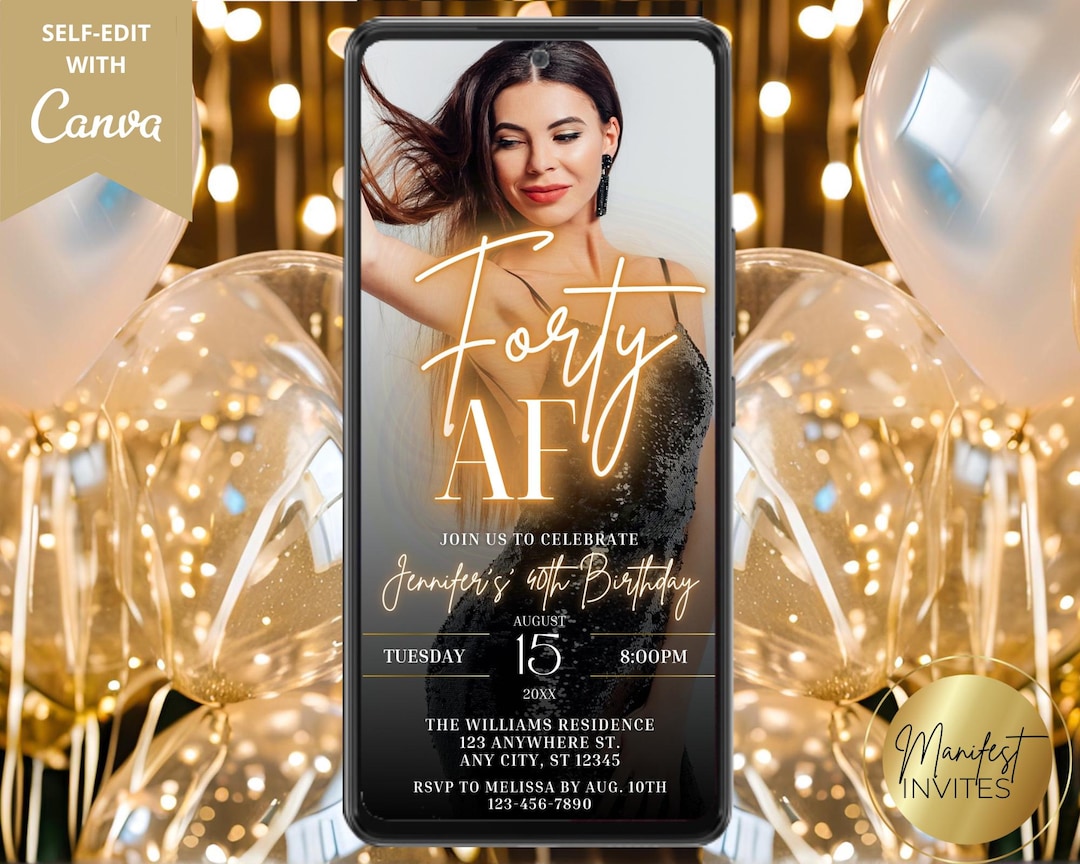 Digital Forty AF 40th Birthday Party Gold Neon Photo Invitation ...