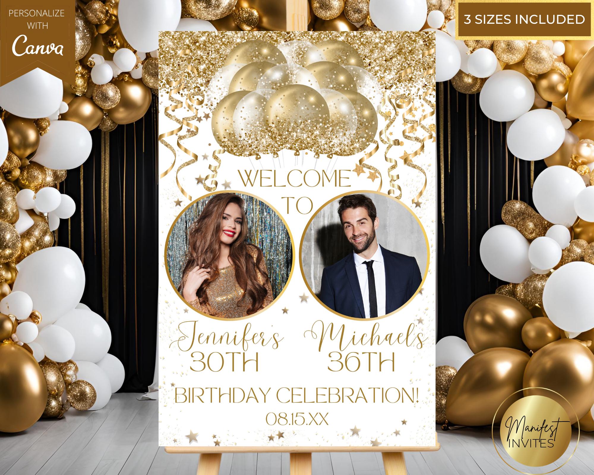 Editable Double Birthday Photo White Gold Balloons Party Welcome Sign ...