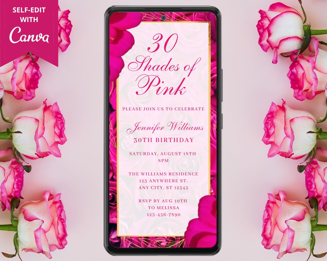 Digital Any Age Shades of Pink Birthday Party Invitation, Electronic ...