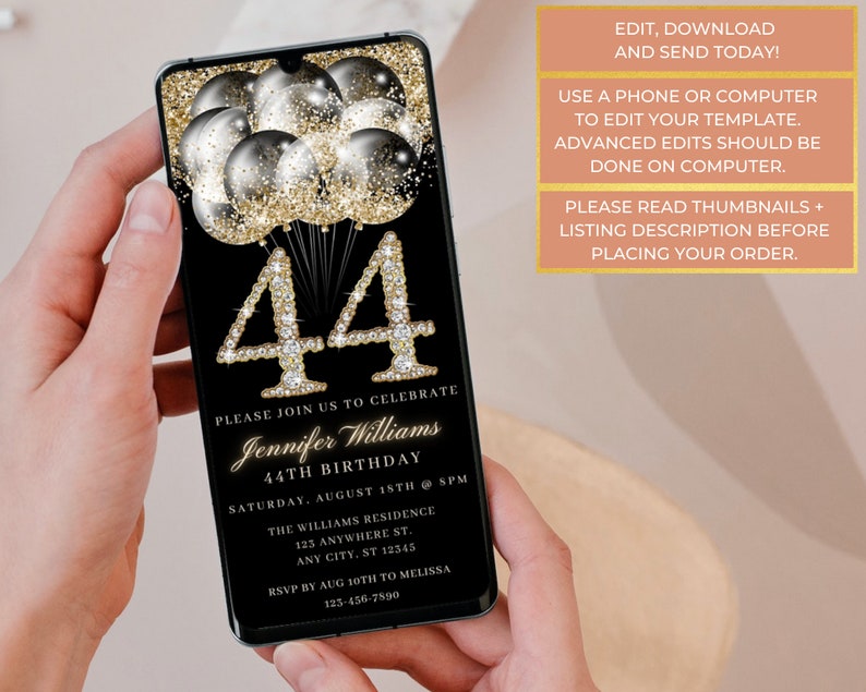 Digital 44th Birthday Party Invitation Electronic Phone Text - Etsy