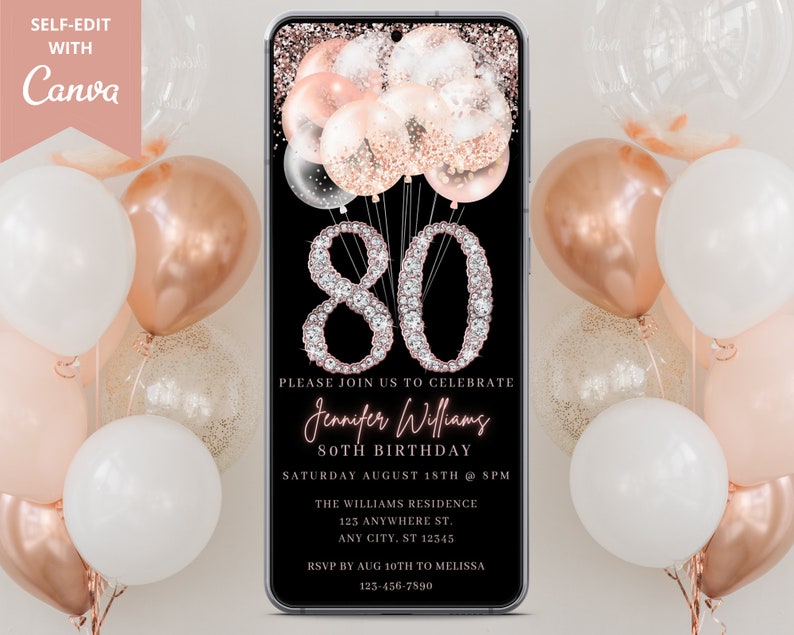 80th Birthday Digital Invitation Electronic 80th Birthday Etsy