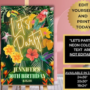 Editable Tropical Hawaiian Luau Birthday Let's Party Welcome Sign, Gold ...