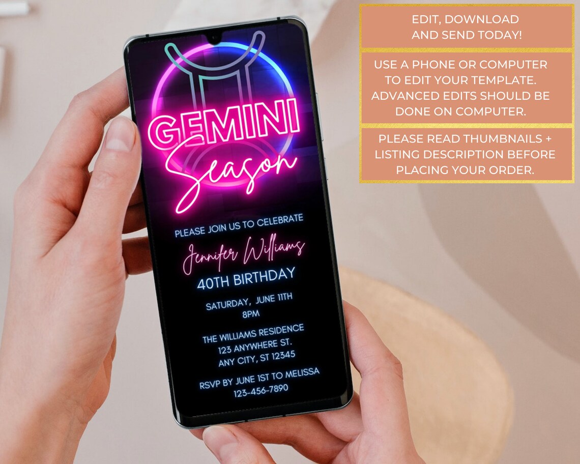 Gemini Zodiac Birthday Digital Invitation, Electronic Party Invite ...