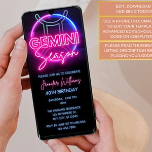 Gemini Zodiac Birthday Digital Invitation, Electronic Party Invite ...