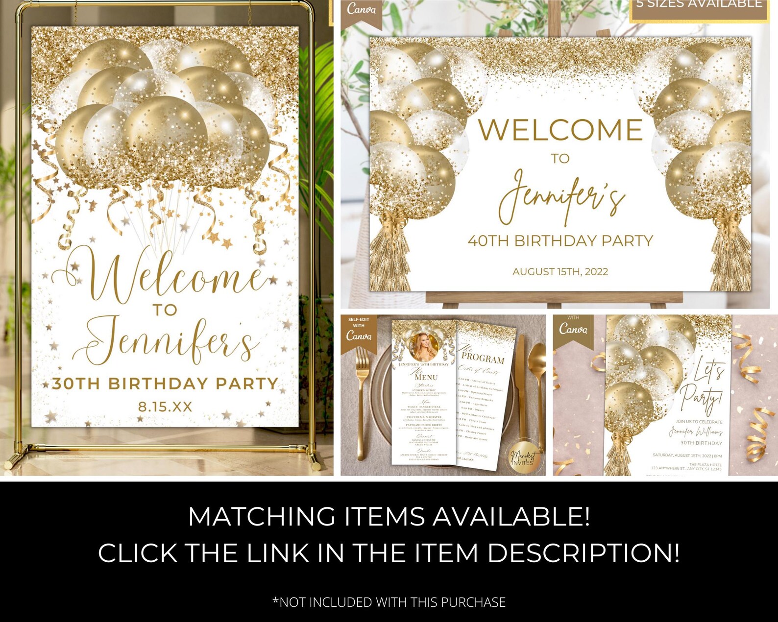 Editable Elegant White Gold Glitter Balloons Program and Thank You Card ...