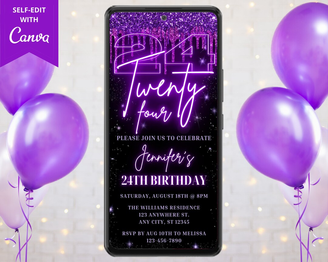 Digital 24th Birthday Party Invitation, Electronic Phone Text Message ...