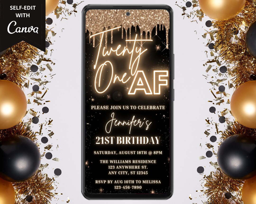 Digital Twenty One AF 21st Birthday Party Invite, Electronic Paperless ...