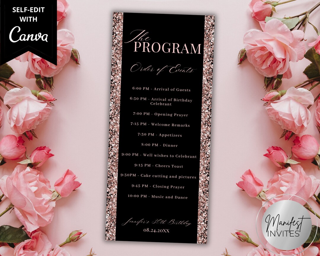 Editable Rose Gold Glitter Birthday Event Program Card Template ...