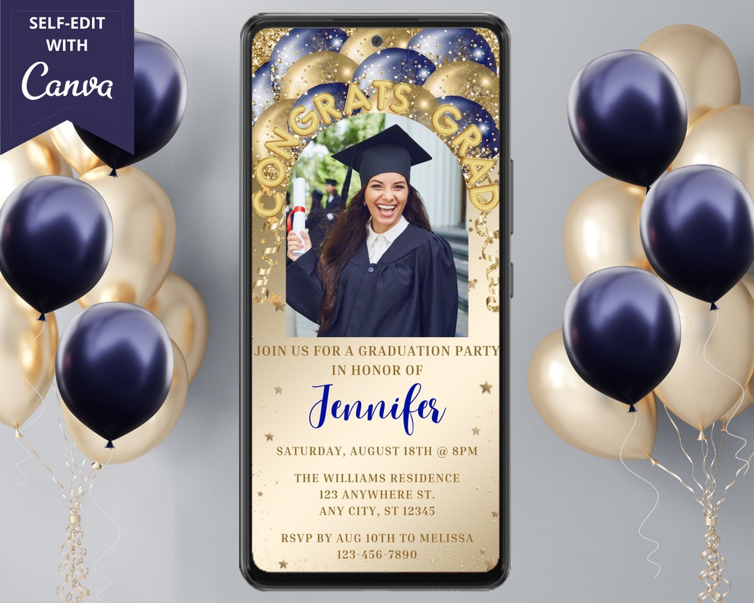 Digital Graduation Party Photo Template Navy Blue Gold Balloons ...