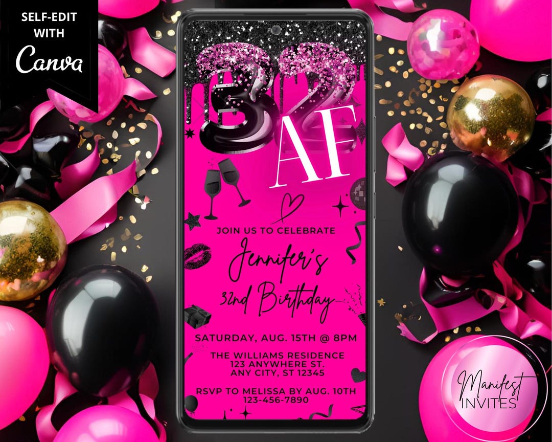 Digital 32 AF 32nd Birthday Pink Black Glitter Glam Party Invitation ...