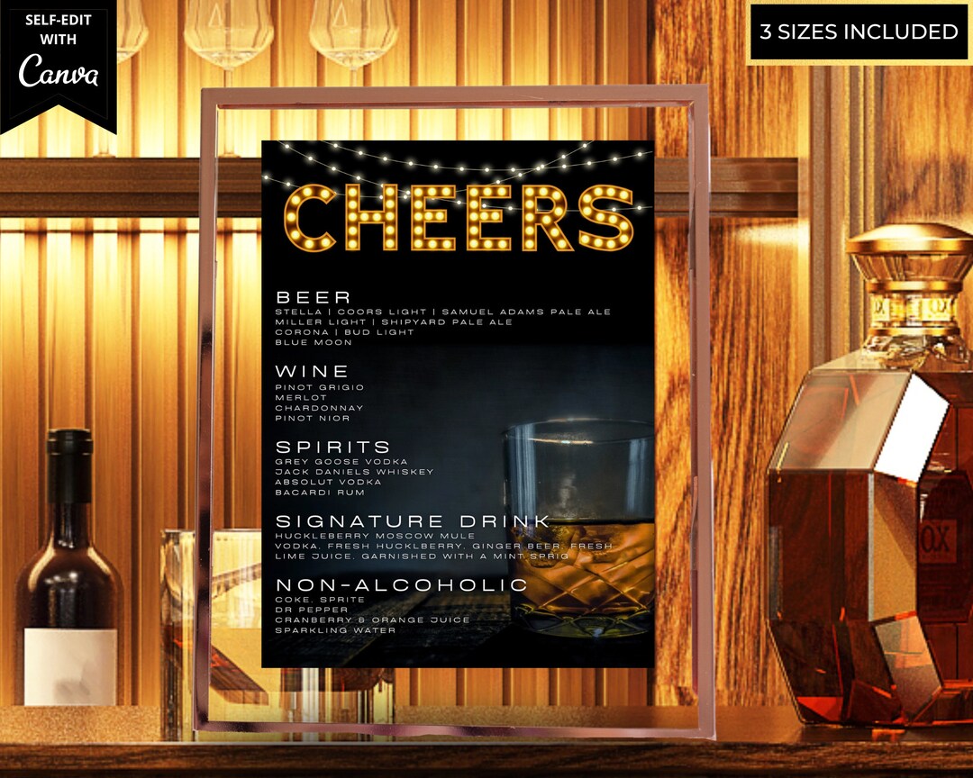 Editable Men's Bar Menu Whiskey Cheers Signature Drinks Sign Menu ...
