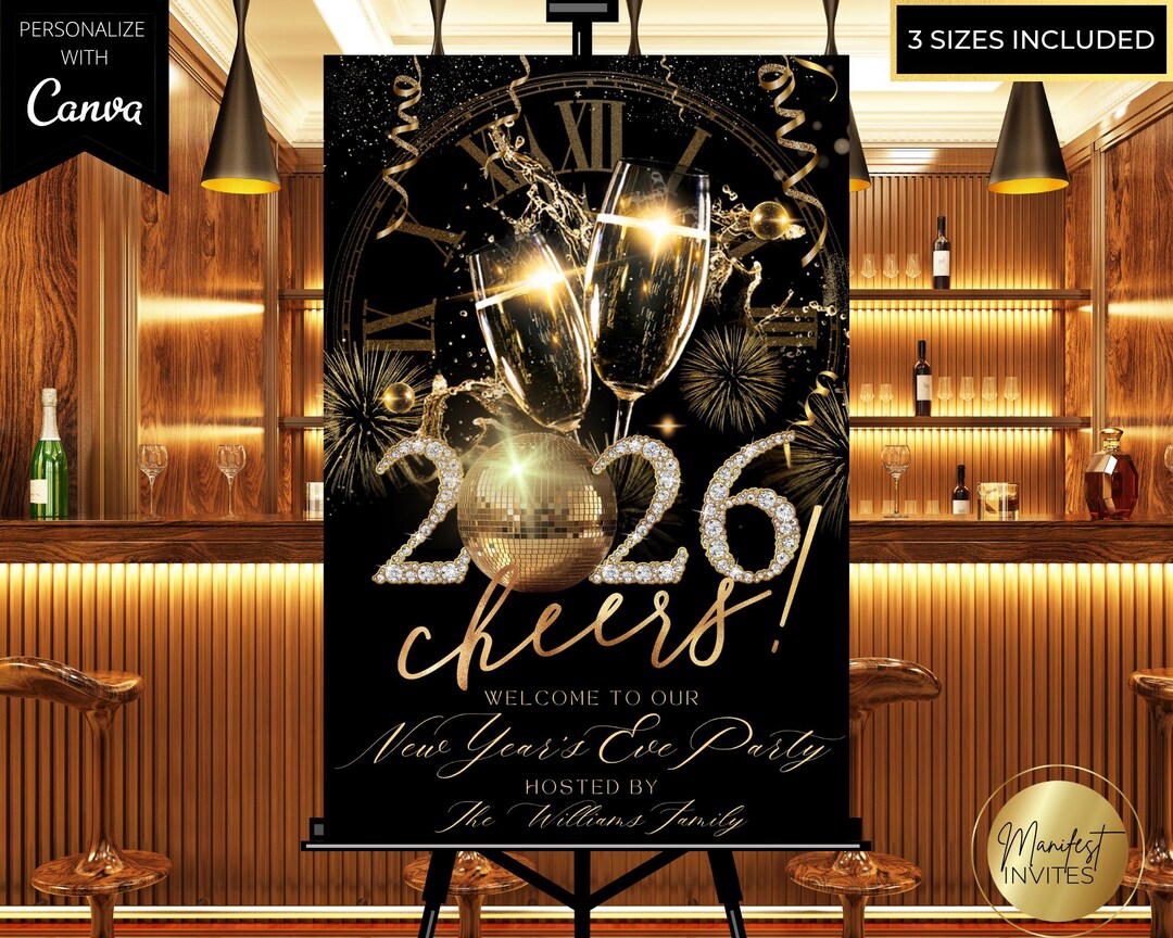 Editable 2026 Cheers New Years Eve Party Welcome Sign Template, Glam ...