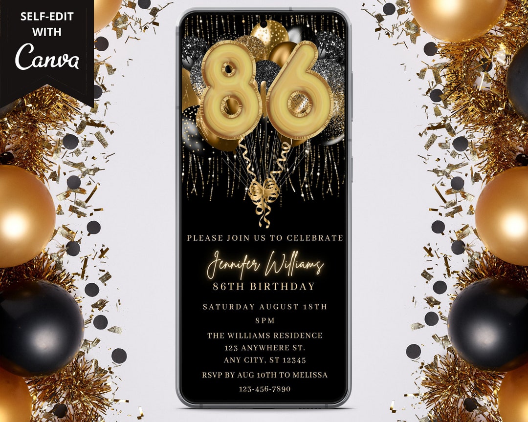 86th Birthday Party Digital Invitation, Electronic 86th Birthday ...