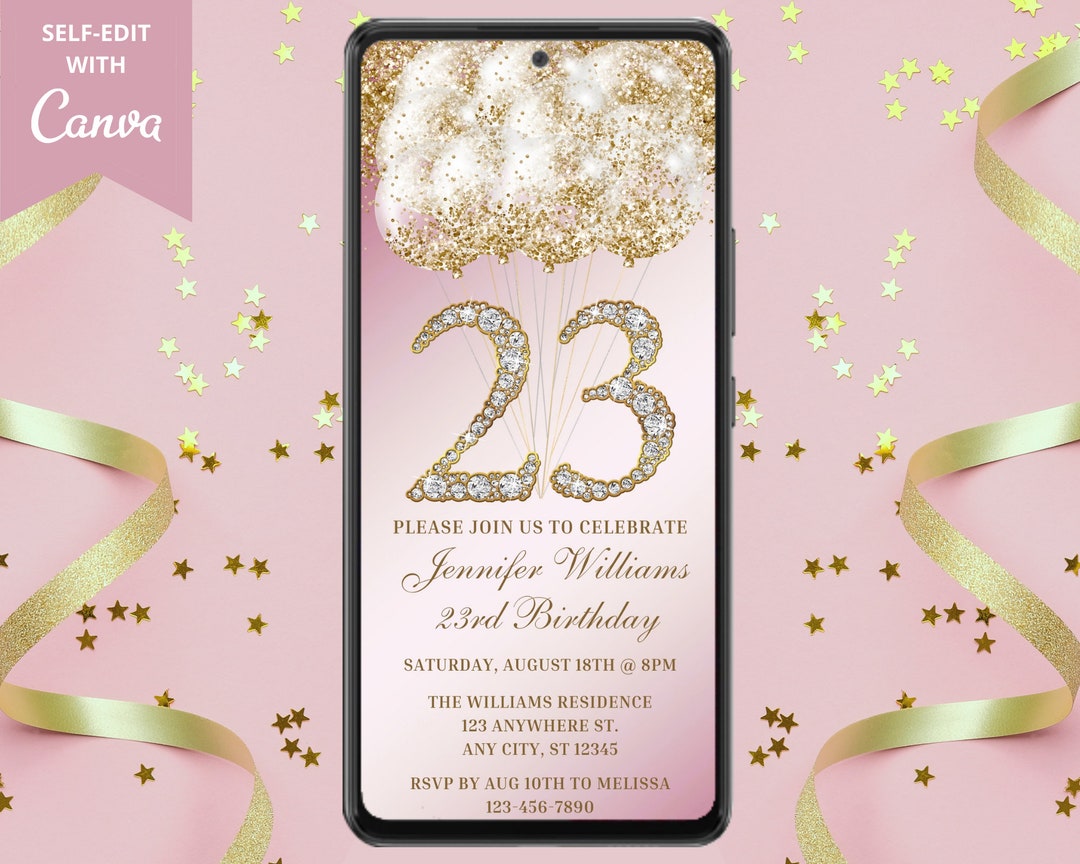 Digital 23rd Birthday Party Invitation Pink Gold Diamonds - Etsy