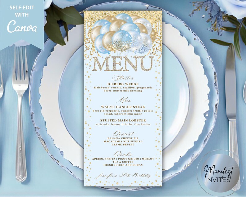 Editable Blue Gold Glitter Balloons Diamond Menu and Drink Card, Glam ...