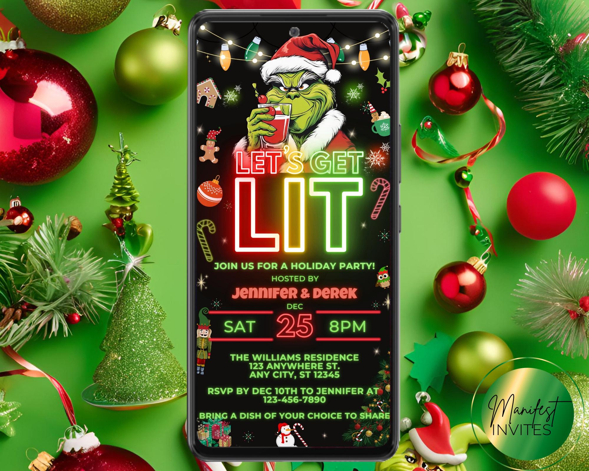 Digital Adult Let's Get Lit Christmas Party Invitation, Festive Grinch ...