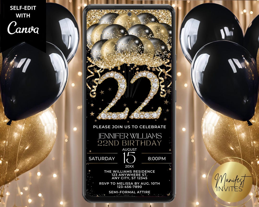 Digital Glam 22nd Birthday Party Invitation, Elegant Diamond Black Gold ...