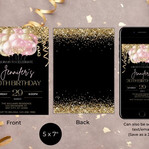 Editable Pink Gold Glitter Balloons Birthday Party Invitation ...