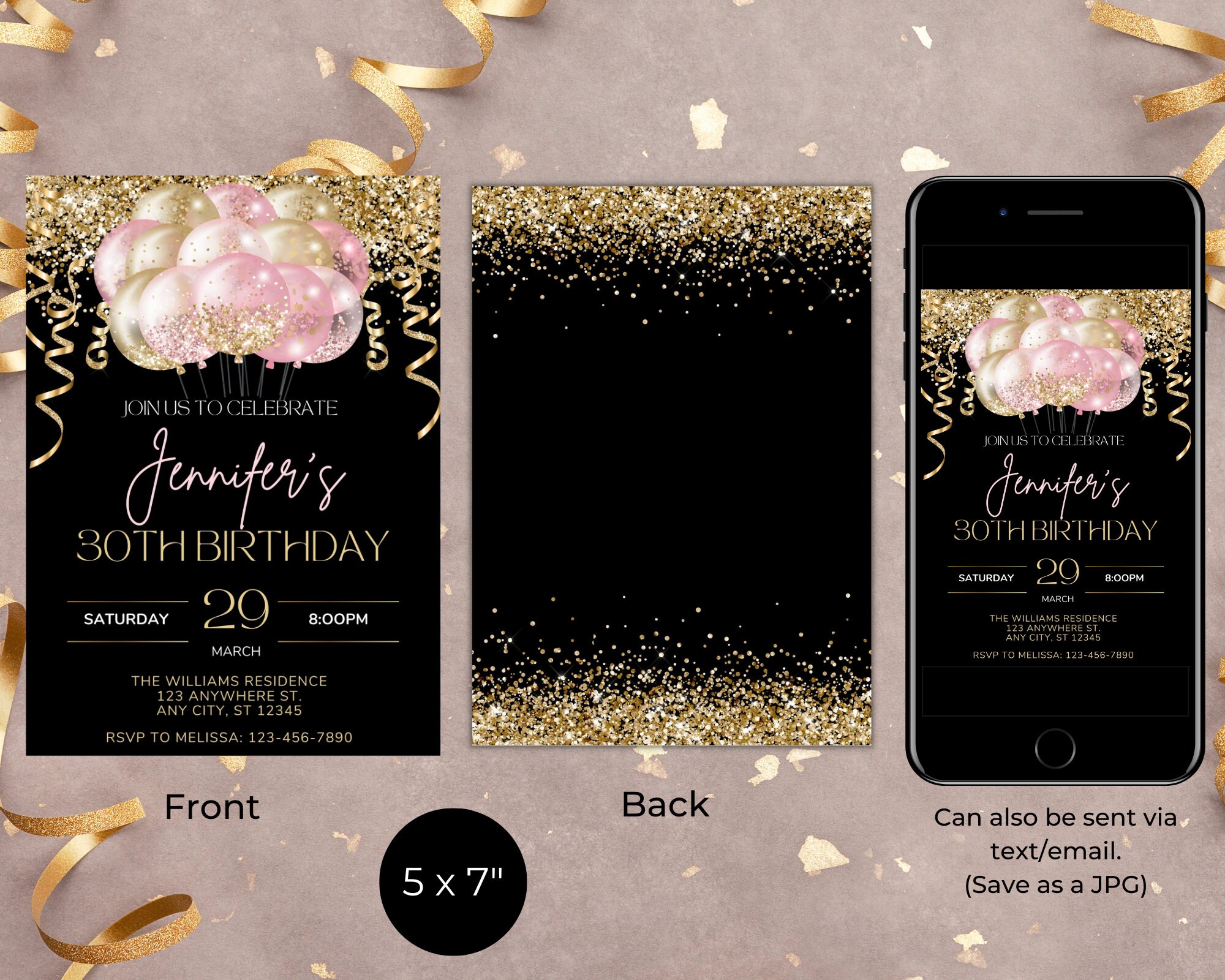 Editable Pink Gold Glitter Balloons Birthday Party Invitation ...