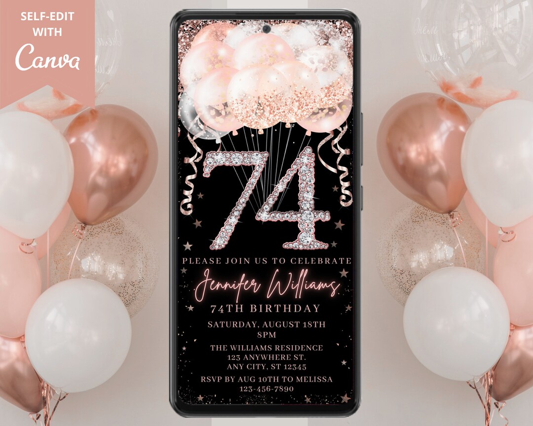 Digital 74th Birthday Pink Rose Gold Diamond Balloons Party Invitation ...