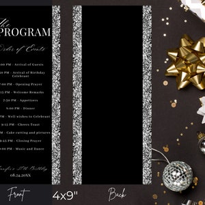 Editable Black Silver Glitter Birthday Event Program Card Template ...