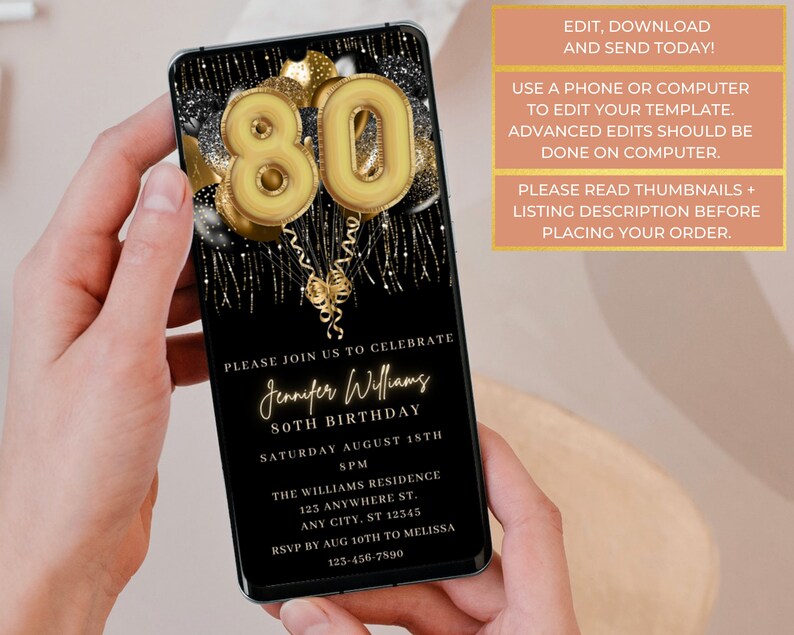 Digital 80th Birthday Party Invitation Electronic Birthday Etsy