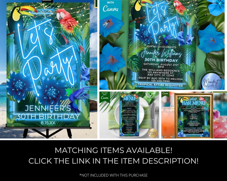 Editable Tropical Blue Neon Summer Birthday Party Invitation, Let's ...