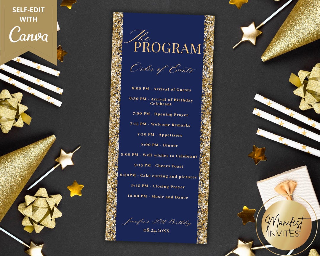Editable Blue Gold Glitter Birthday Event Program Card Template ...