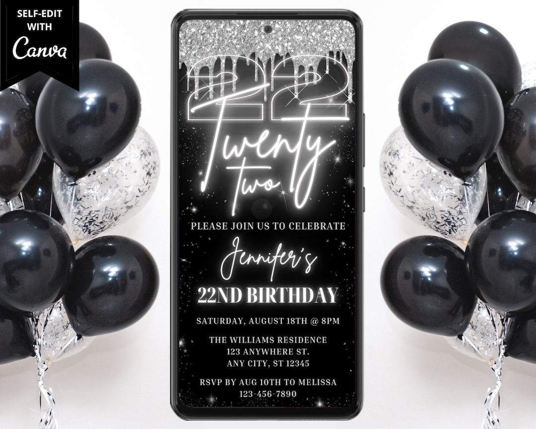Digital 22nd Birthday Party Invitation, Electronic Phone Text Message ...