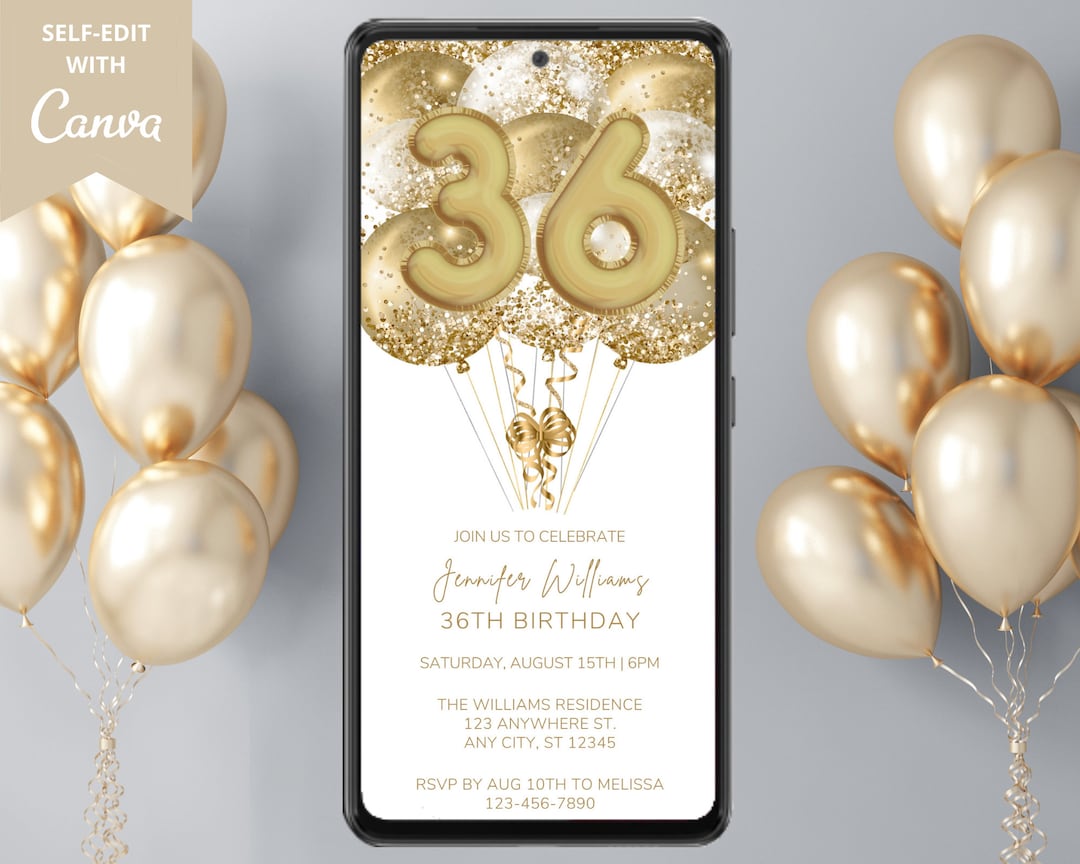 Digital 36th Birthday Party Invitation, Electronic Phone Text Message ...