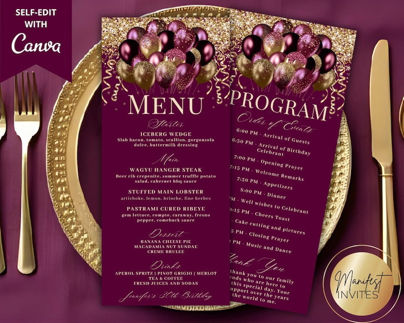 Editable Glam Burgundy Purple Gold Glitter Balloons Menu Program and ...