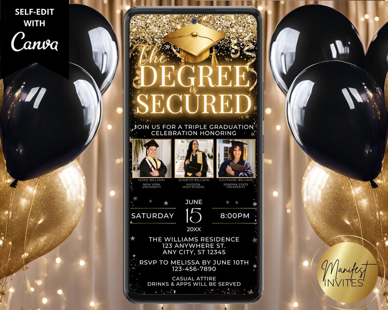 Digital Black Gold Triple Graduation Party Photo Invitation, the Degree ...