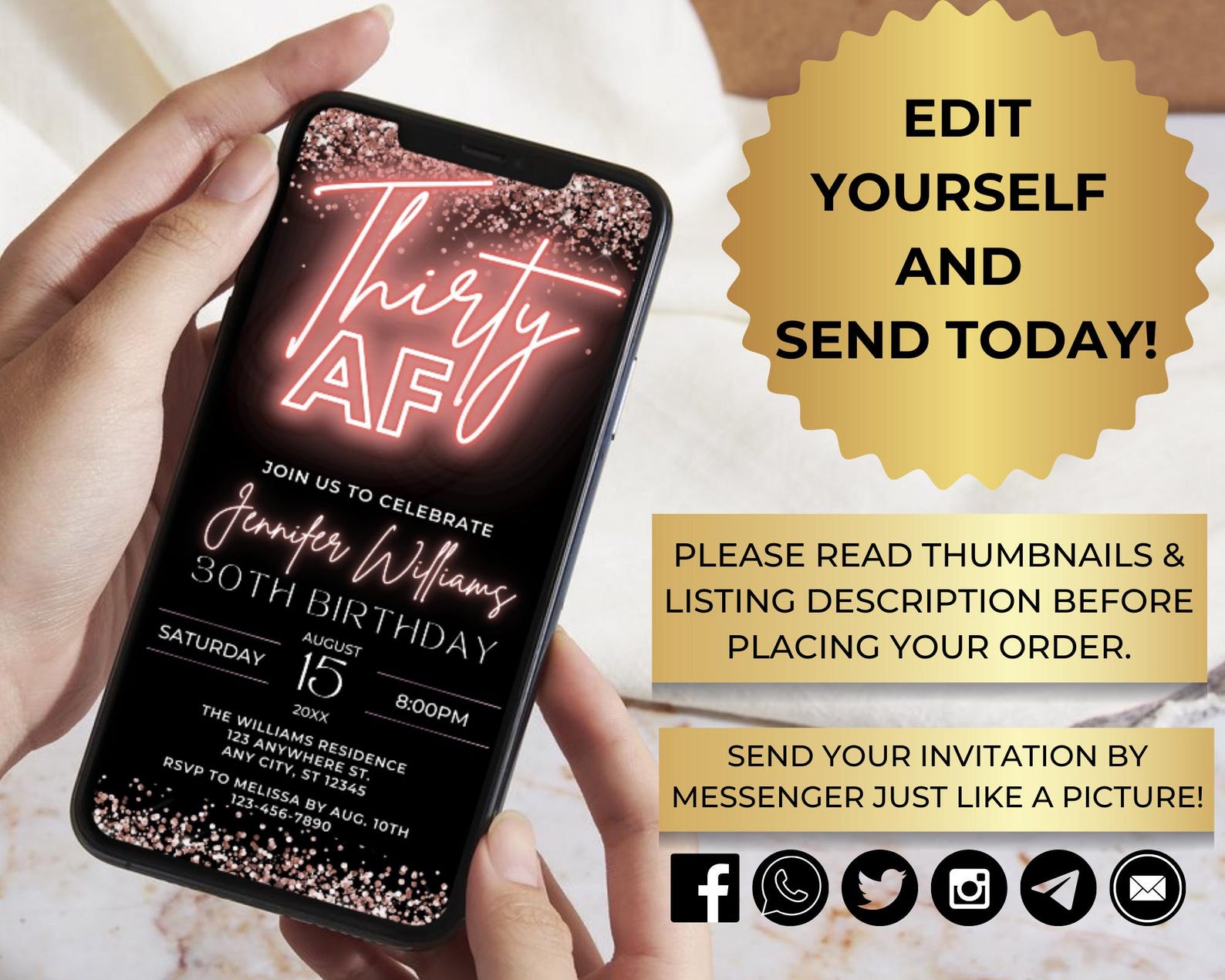 Digital Thirty AF 30th Birthday Party Glam Invitation, 30 AF, Rose Gold ...