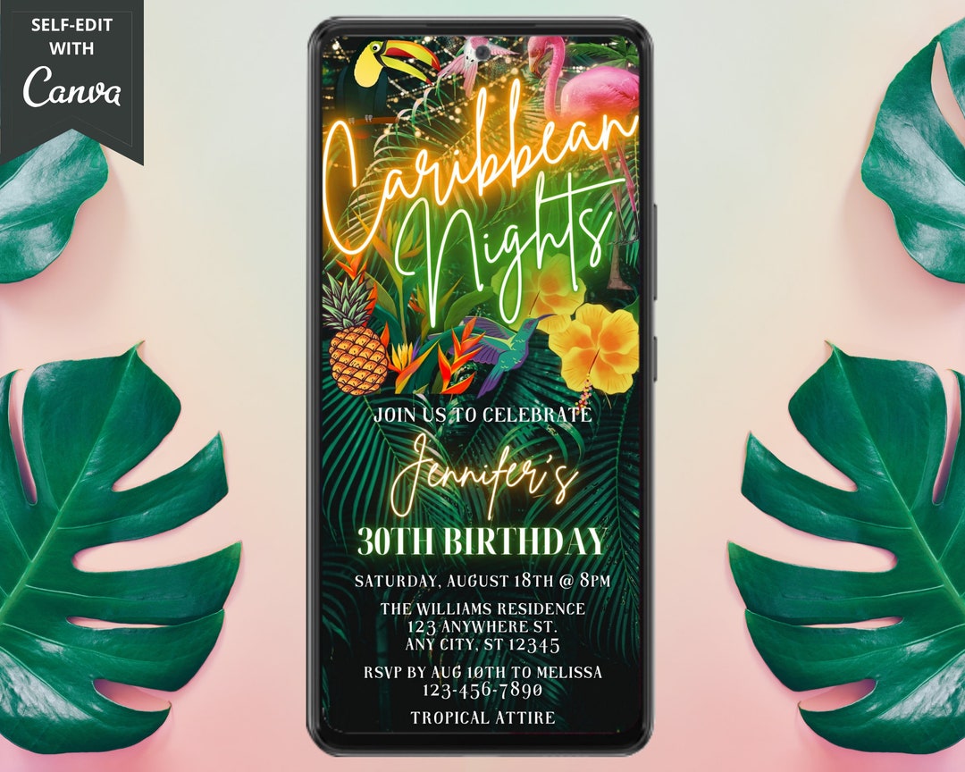 Digital Caribbean Tropical Birthday Party Invitation, Electronic Phone ...